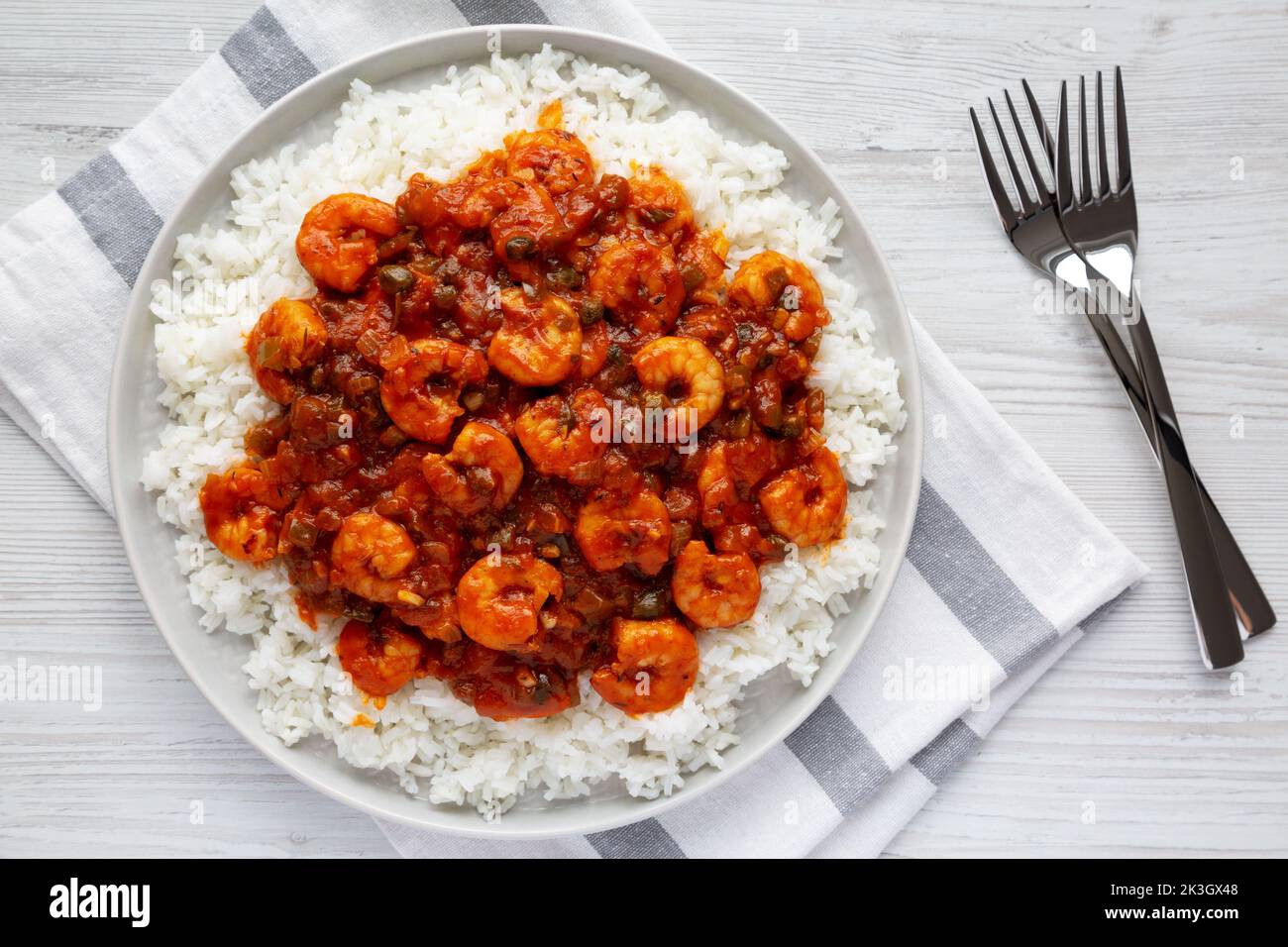 Homemade Cuban Shrimp Creole on a Plate, top view. Overhead, from above ...