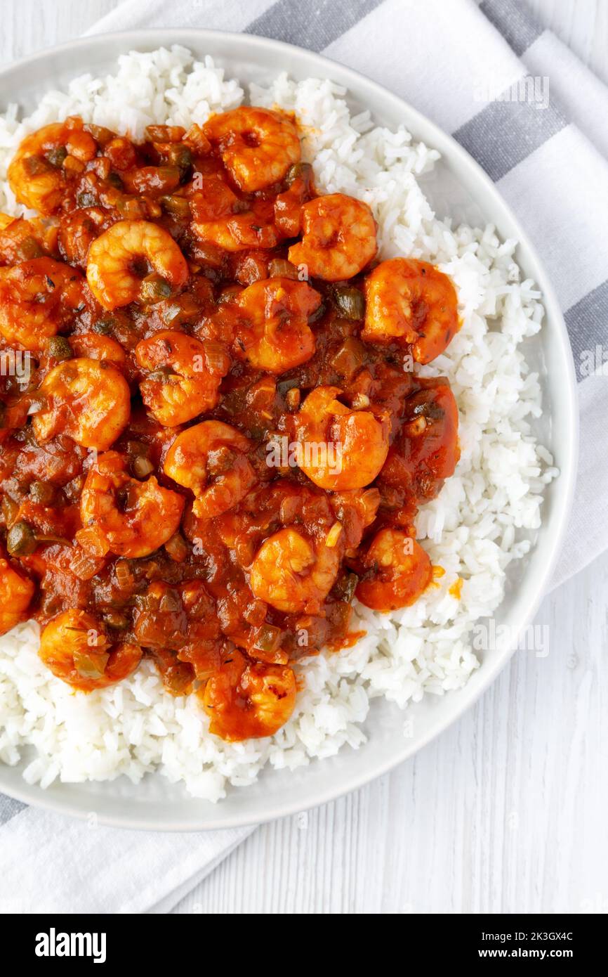 Homemade Cuban Shrimp Creole on a Plate, top view. Overhead, from above ...