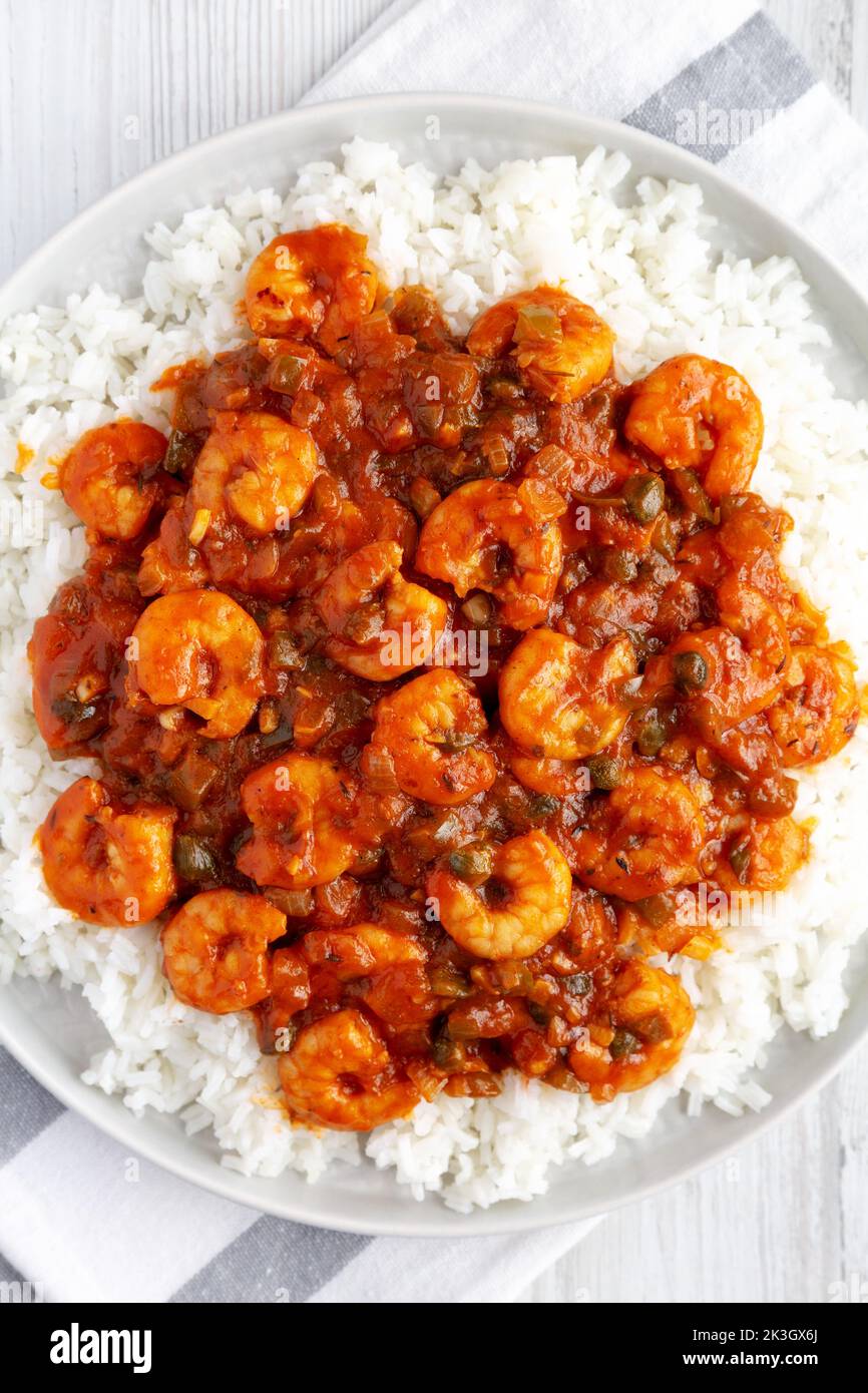 Homemade Cuban Shrimp Creole on a Plate, top view. Overhead, from above ...