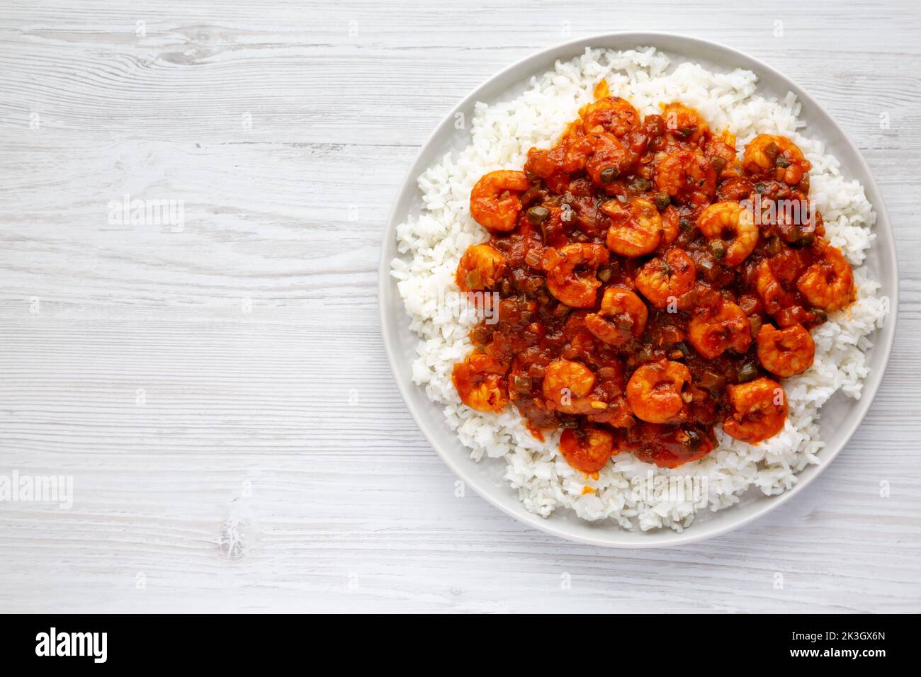 Homemade Cuban Shrimp Creole on a Plate, top view. Overhead, from above ...