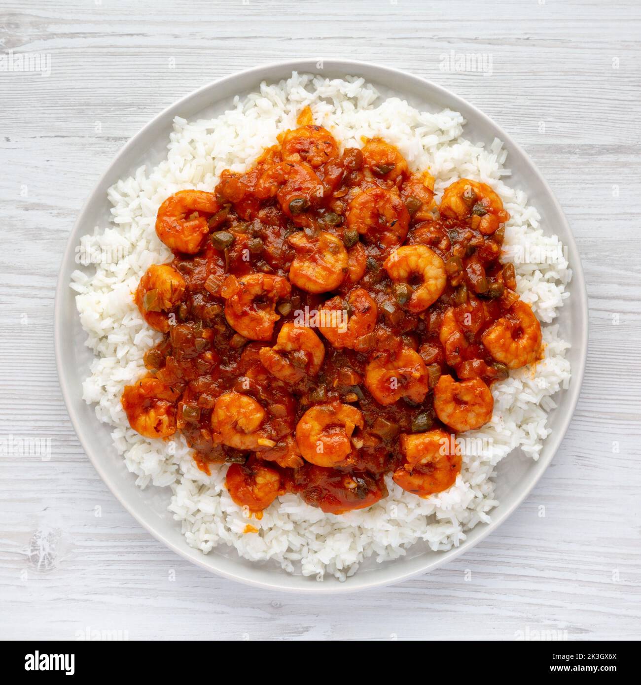 Homemade Cuban Shrimp Creole on a Plate, top view. Overhead, from above ...