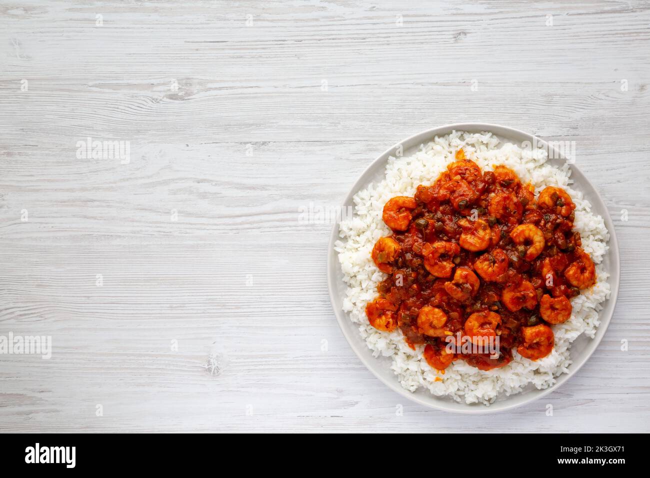 Homemade Cuban Shrimp Creole on a Plate, top view. Overhead, from above ...