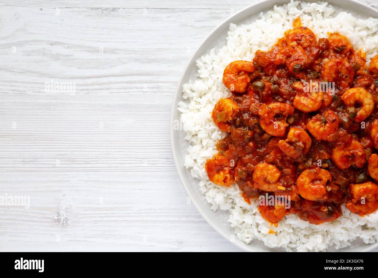 Homemade Cuban Shrimp Creole on a Plate, top view. Overhead, from above ...