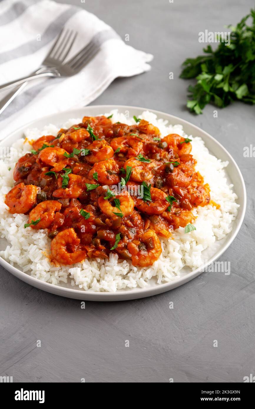 Homemade Cuban Shrimp Creole On A Plate On A Gray Surface Side View