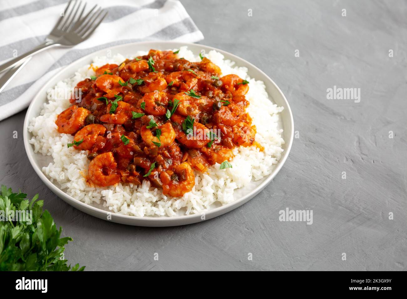 Homemade Cuban Shrimp Creole on a Plate on a gray surface, side view ...