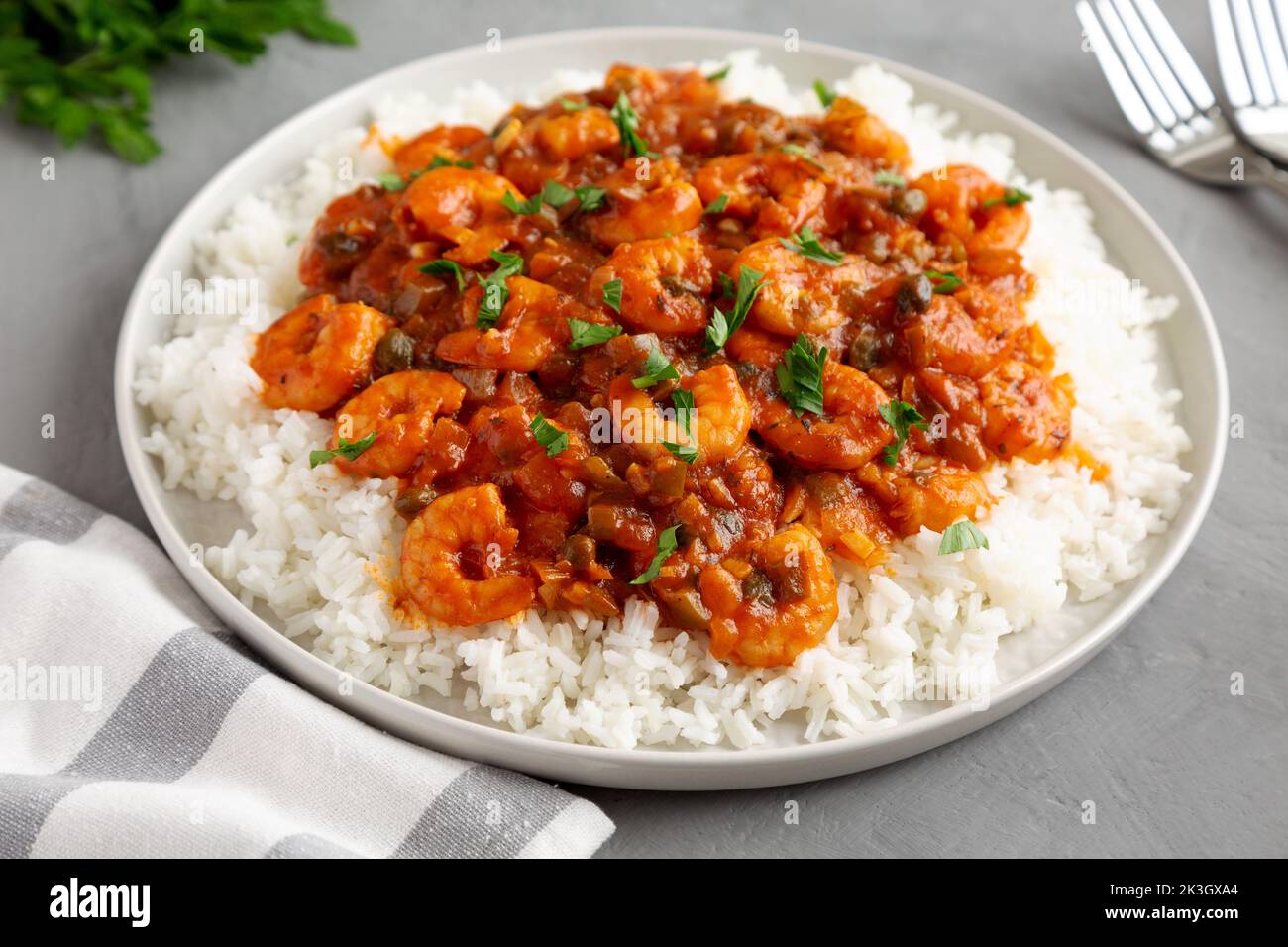 Homemade Cuban Shrimp Creole on a Plate on a gray background, side view ...