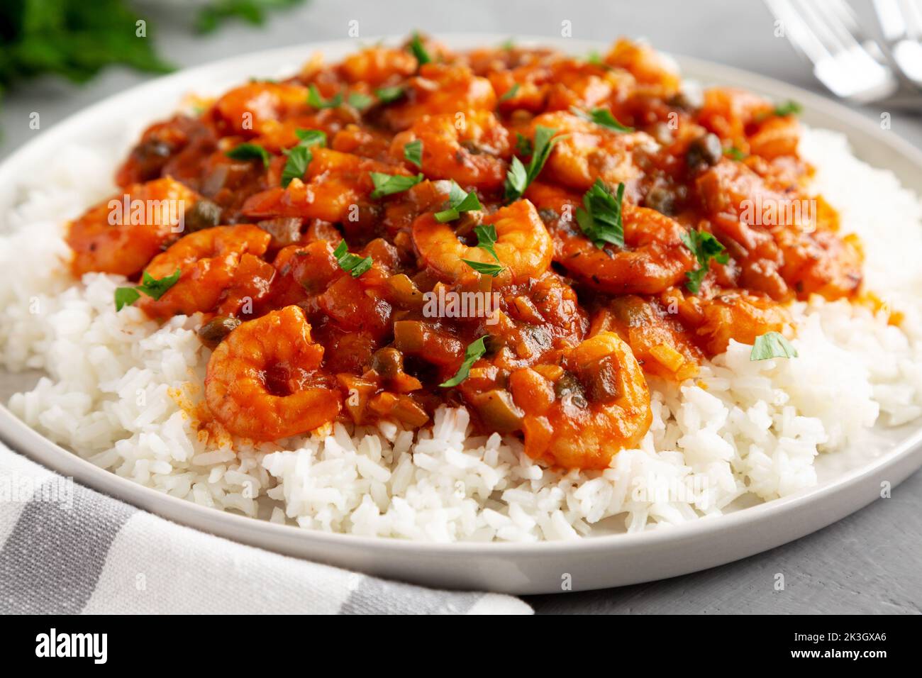 Homemade Cuban Shrimp Creole on a Plate on a gray surface, side view ...
