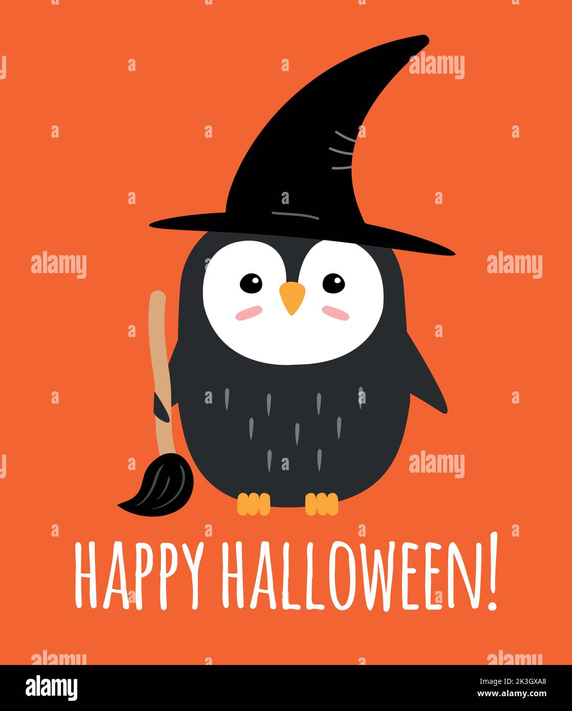 Vector flat hand drawn Halloween penguin with witch hat broom and ...