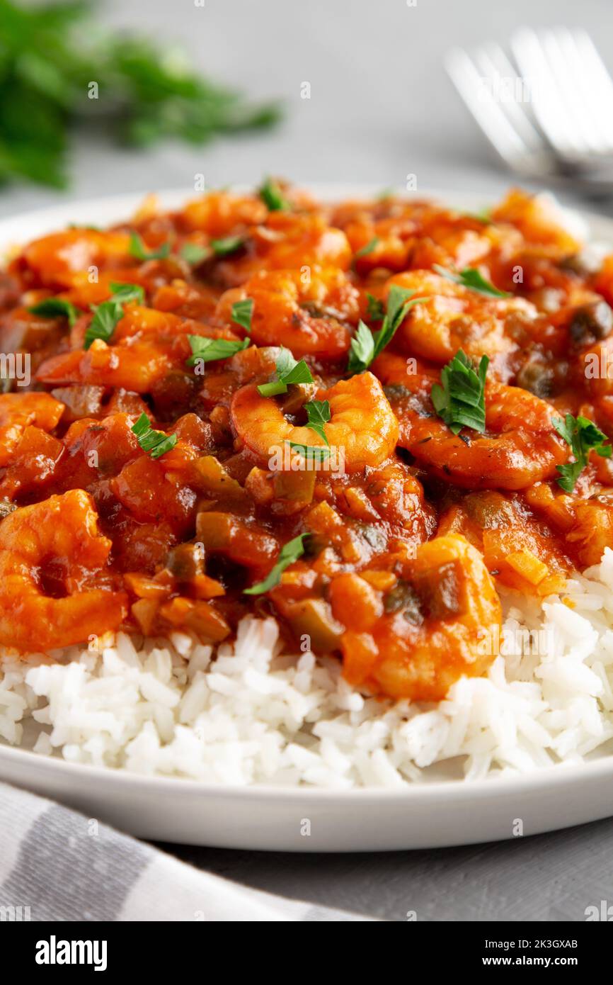 Homemade Cuban Shrimp Creole on a Plate on a gray surface, side view ...