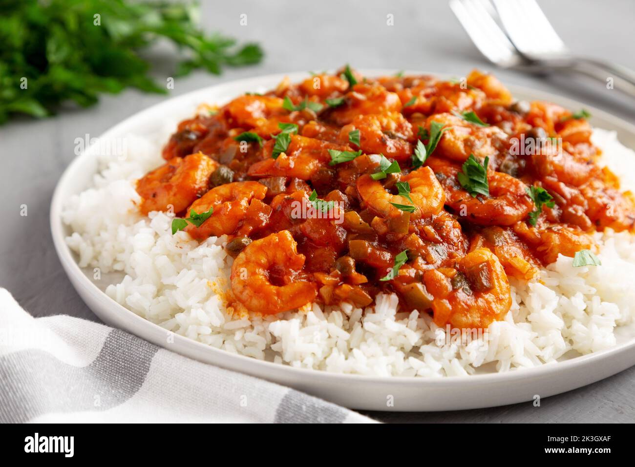 Homemade Cuban Shrimp Creole on a Plate on a gray surface, side view ...
