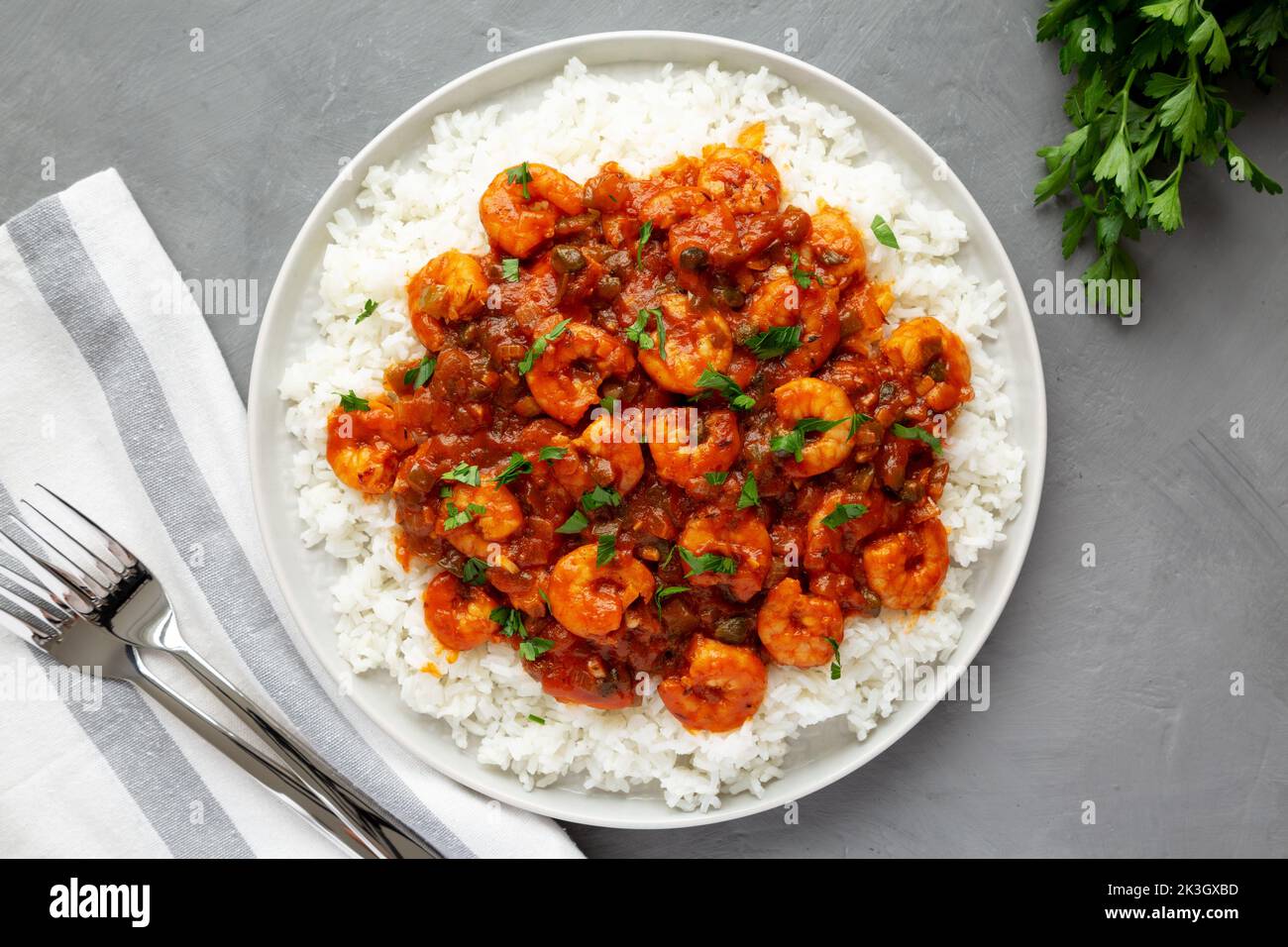 Homemade Cuban Shrimp Creole on a Plate on a gray surface, top view ...