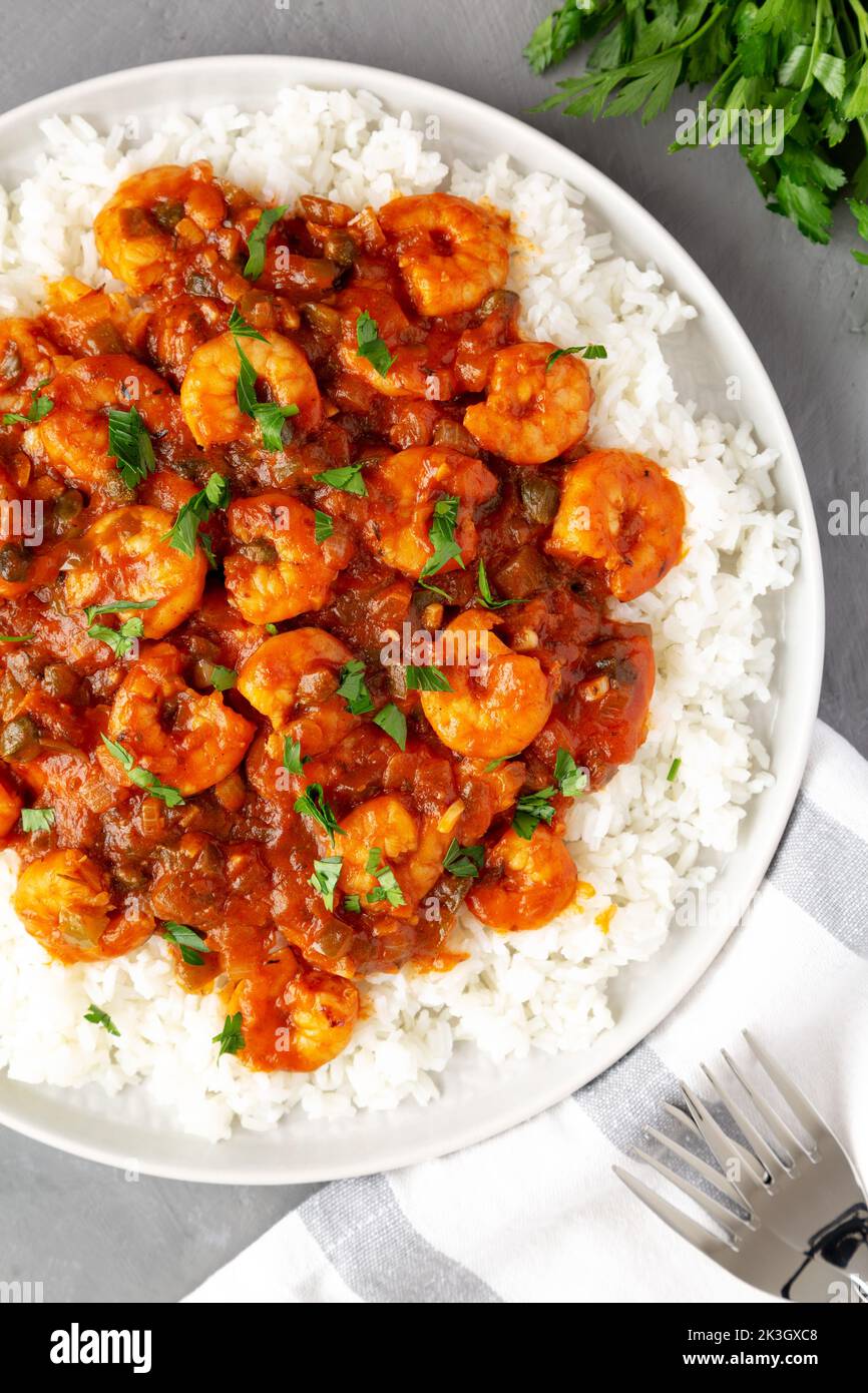 Homemade Cuban Shrimp Creole on a Plate on a gray surface, top view ...