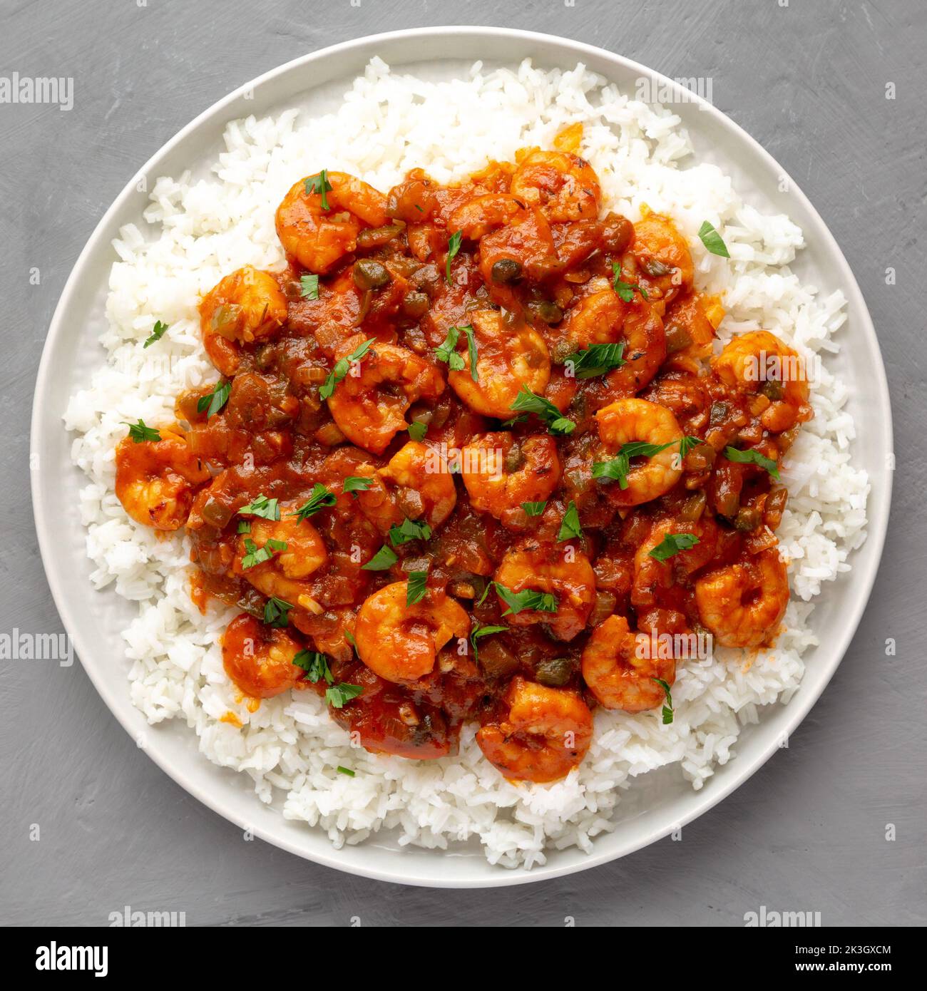 Homemade Cuban Shrimp Creole On A Plate On A Gray Surface Top View