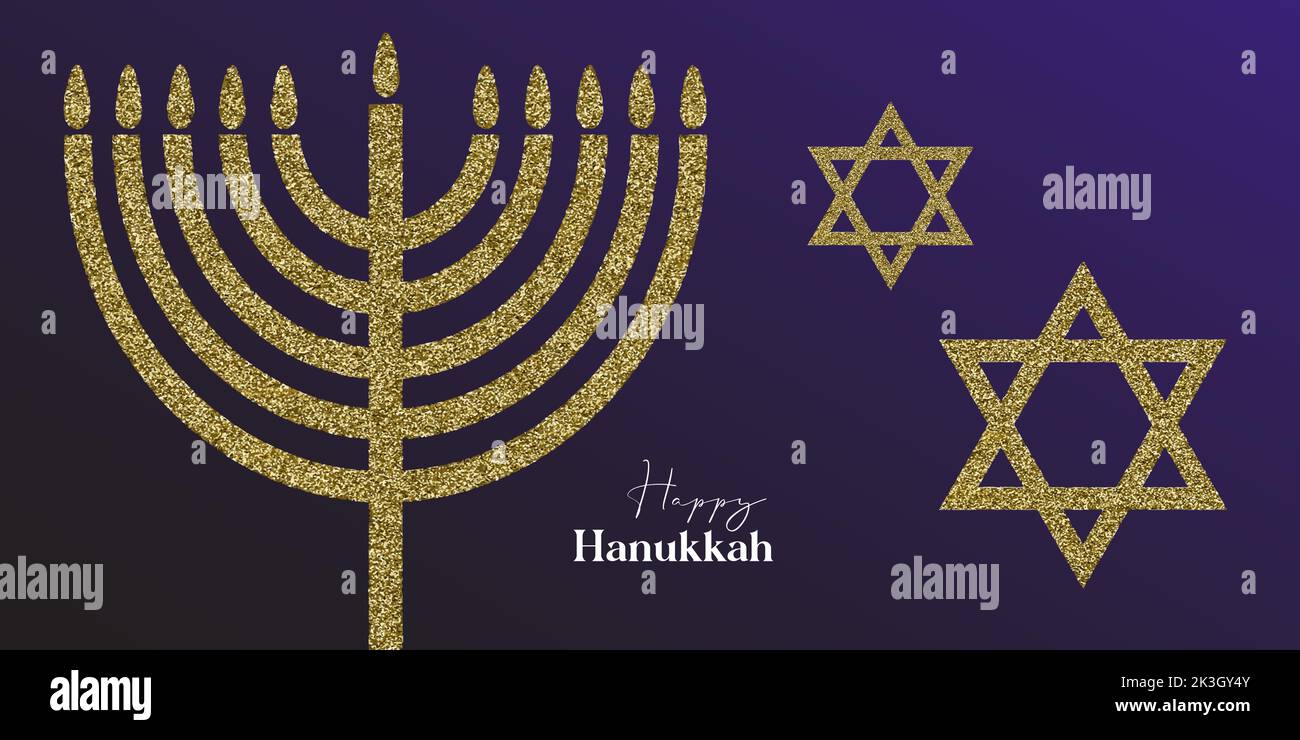 Happy Hanukkah card design with gold symbols on blue color background ...