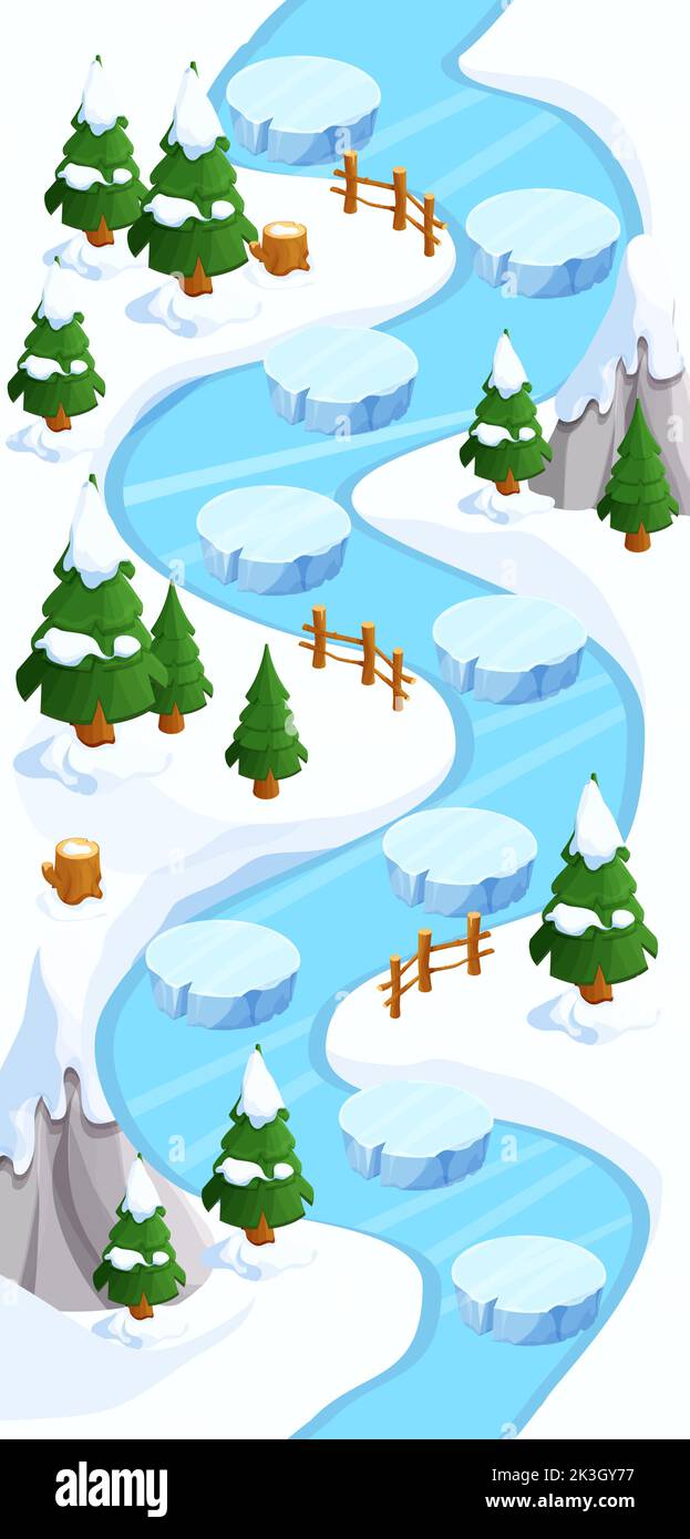 Winter Game map snow forest and ice gui background, template in cartoon ...