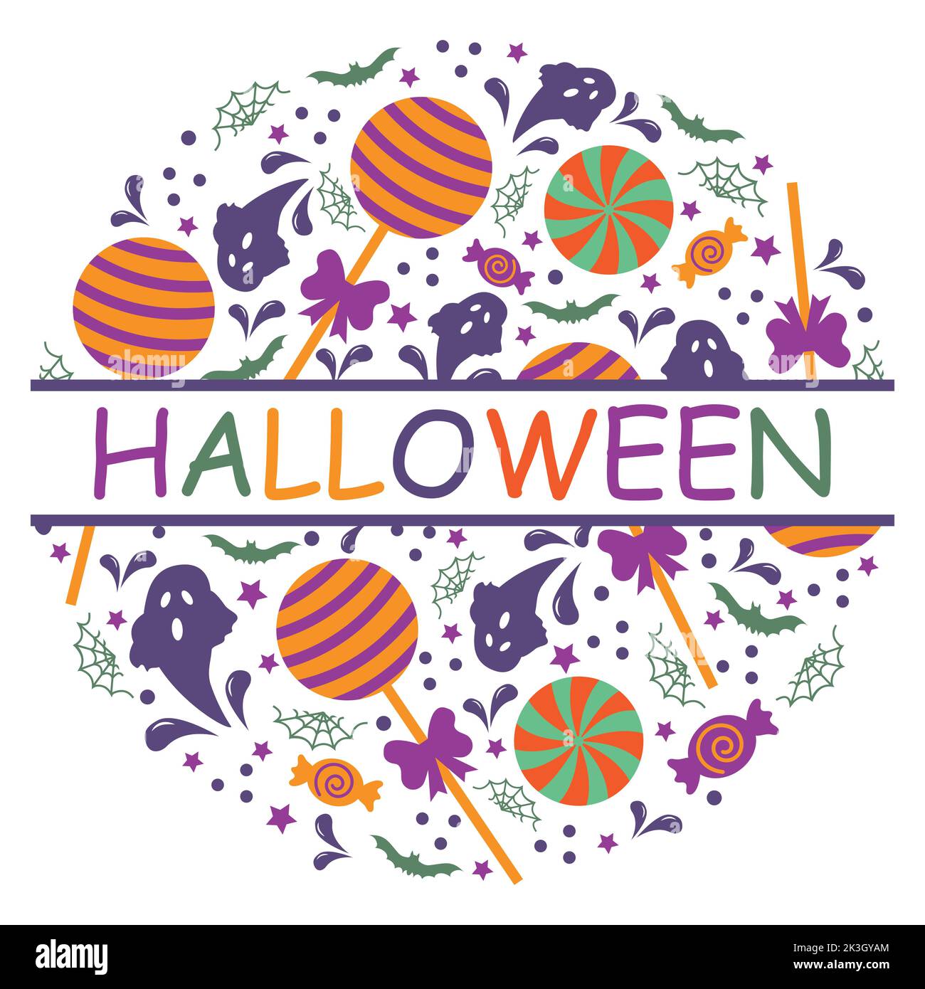 Round Halloween frame with ghosts, cobwebs and sweets, vector ...