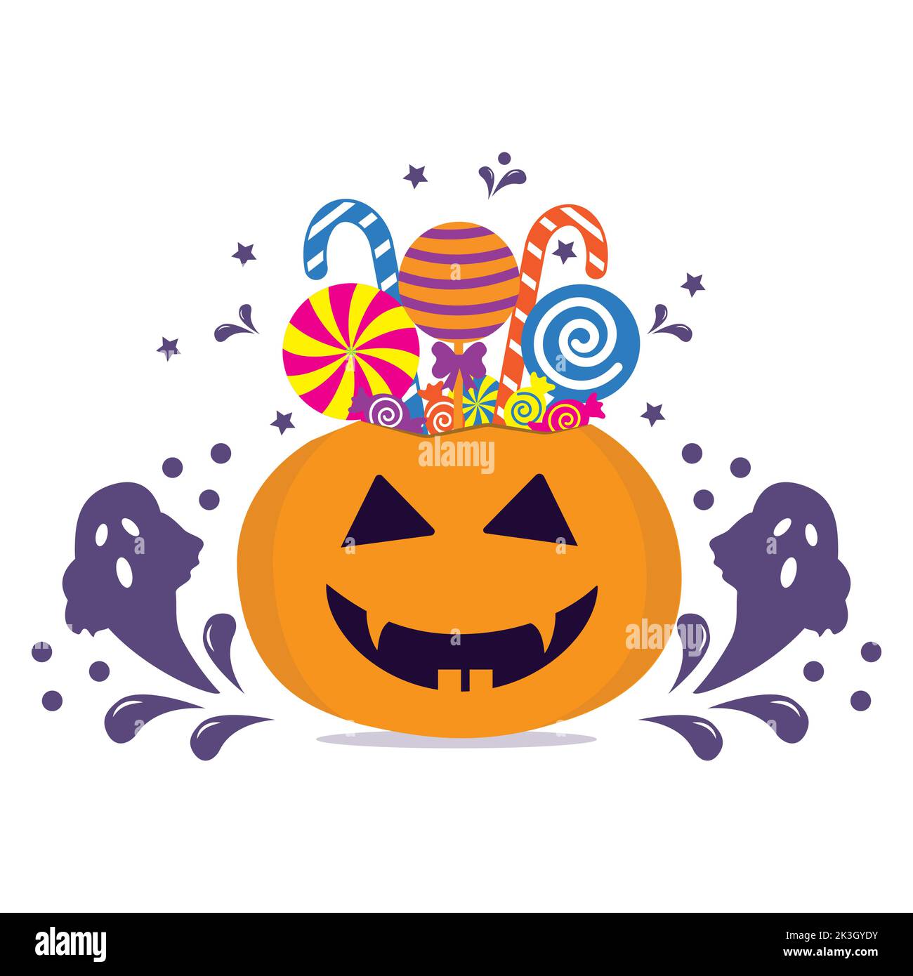 Halloween pumpkin basket full of candies and sweets on violet ...