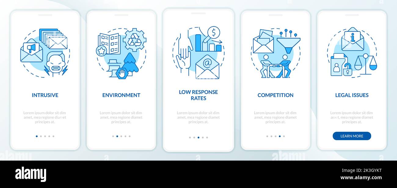 Challenges of direct marketing blue onboarding mobile app screen Stock ...