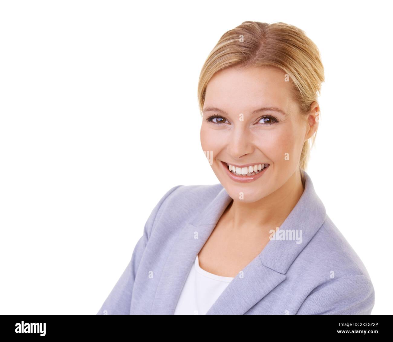 Bright smiles. A beautiful blonde smiling widely isolated on white ...