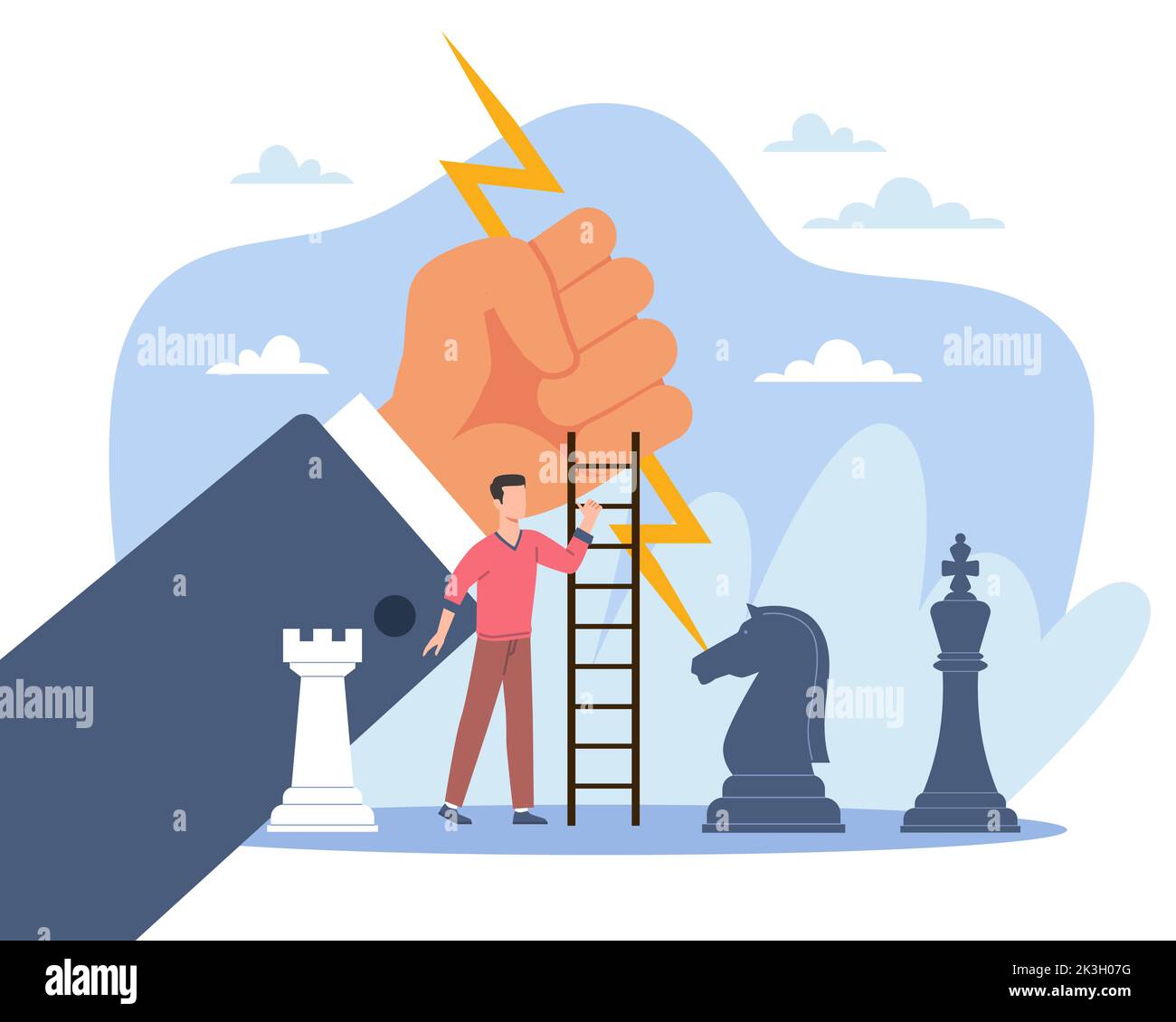 Power, smart leader skills. Business and life strategies. Tiny man on ...