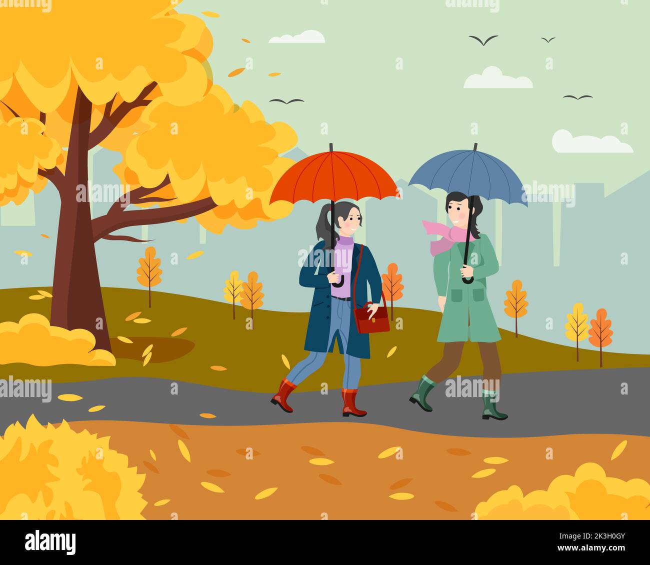 Girls, friends go through the city park under an umbrella. Urban plot ...