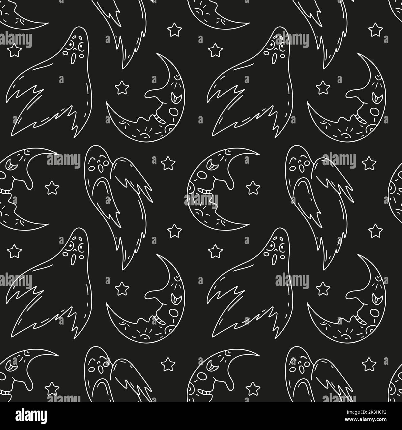 Halloween seamless pattern with cute cartoon ghosts and half moons on ...