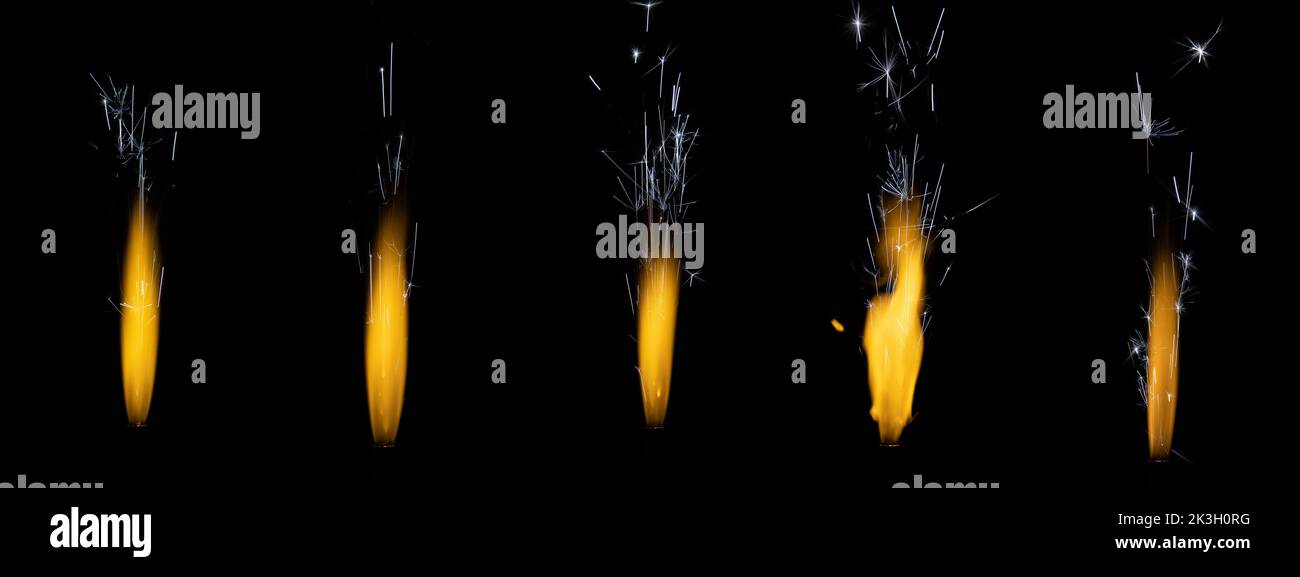 Set of jet fire with sparks on black background for overlay blending ...