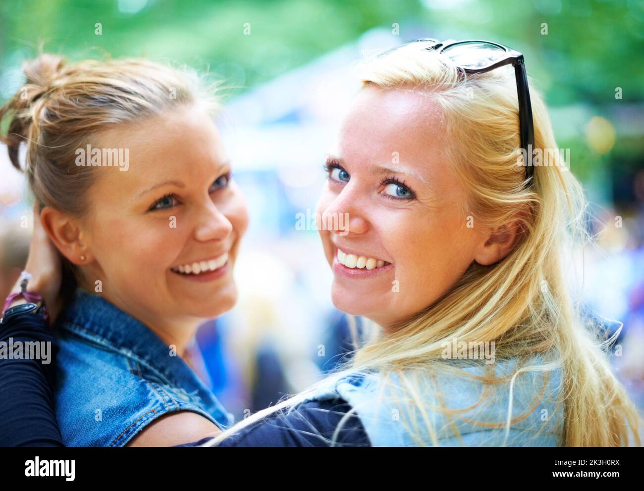 Having fun with my best friend. Two friends having fun at a festival ...