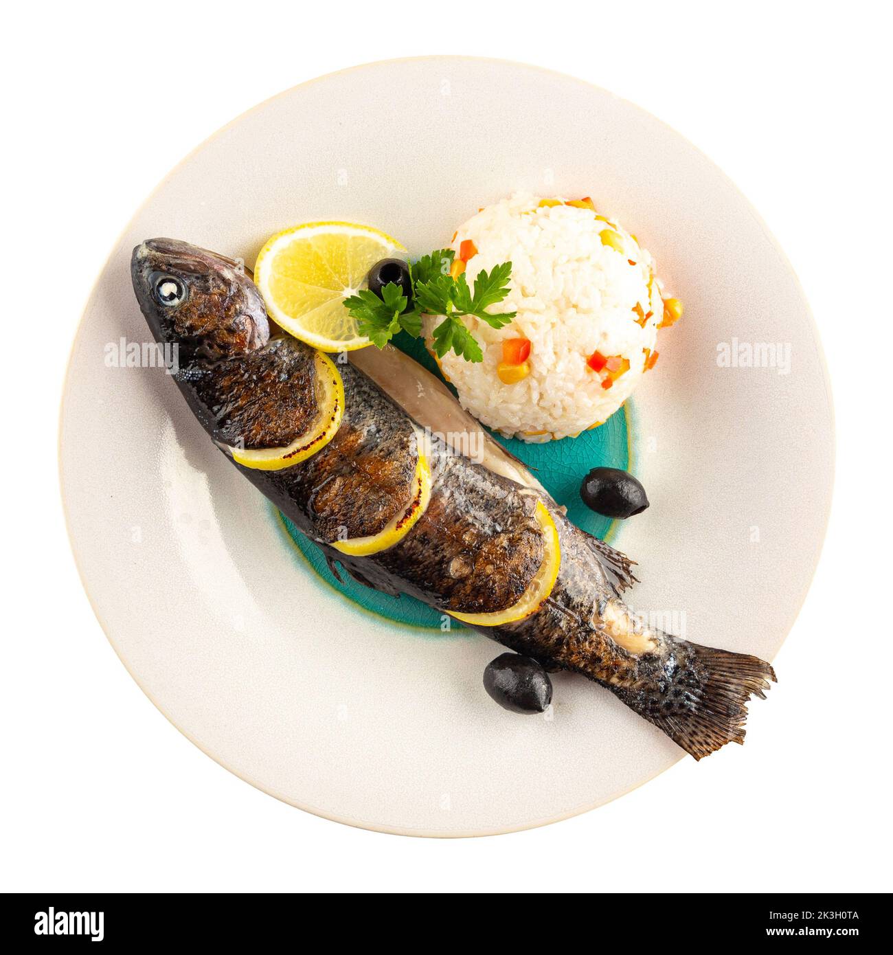Isolated plate of grilled trout fish with rice Stock Photo - Alamy