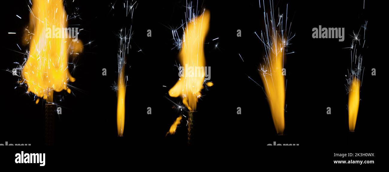 Set of various jet fire with sparks on black background for overlay ...