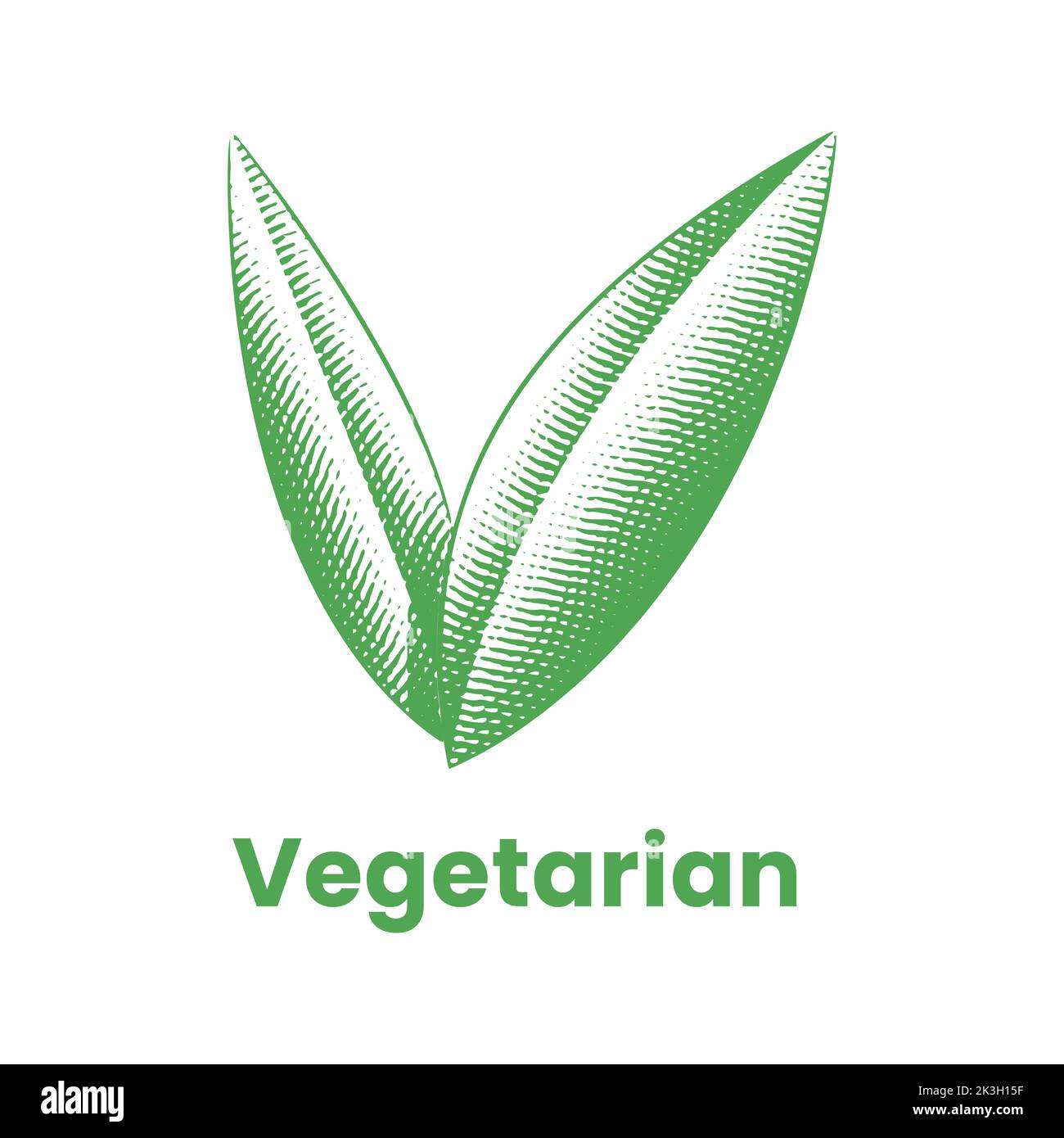 Vegetarian Icon with Green Engraved Leaves isolated on a White ...