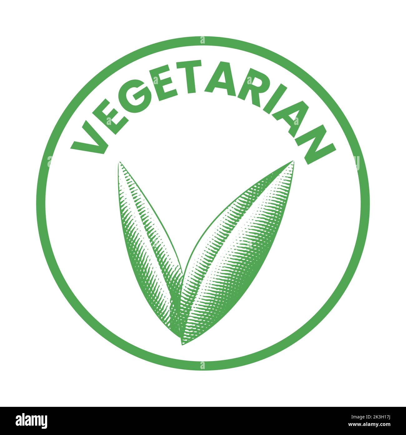Vegetarian Round Icon with Engraved Green Leaves isolated on a White ...
