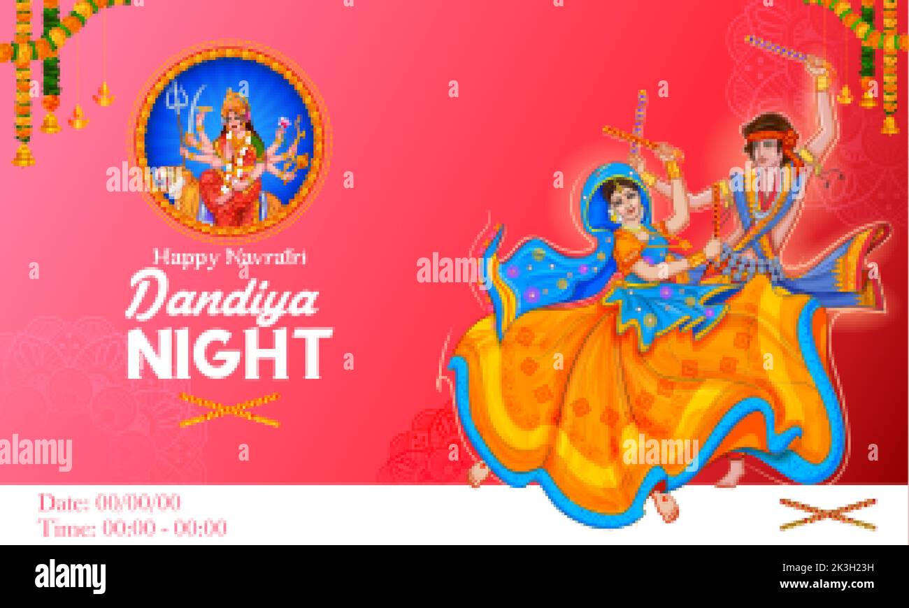 People playing Dandiya in disco Garba Night banner poster for Navratri ...