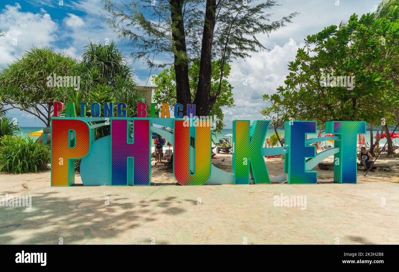 Phuket sign on Patong beach in Thailand. The big landmark sign of ...