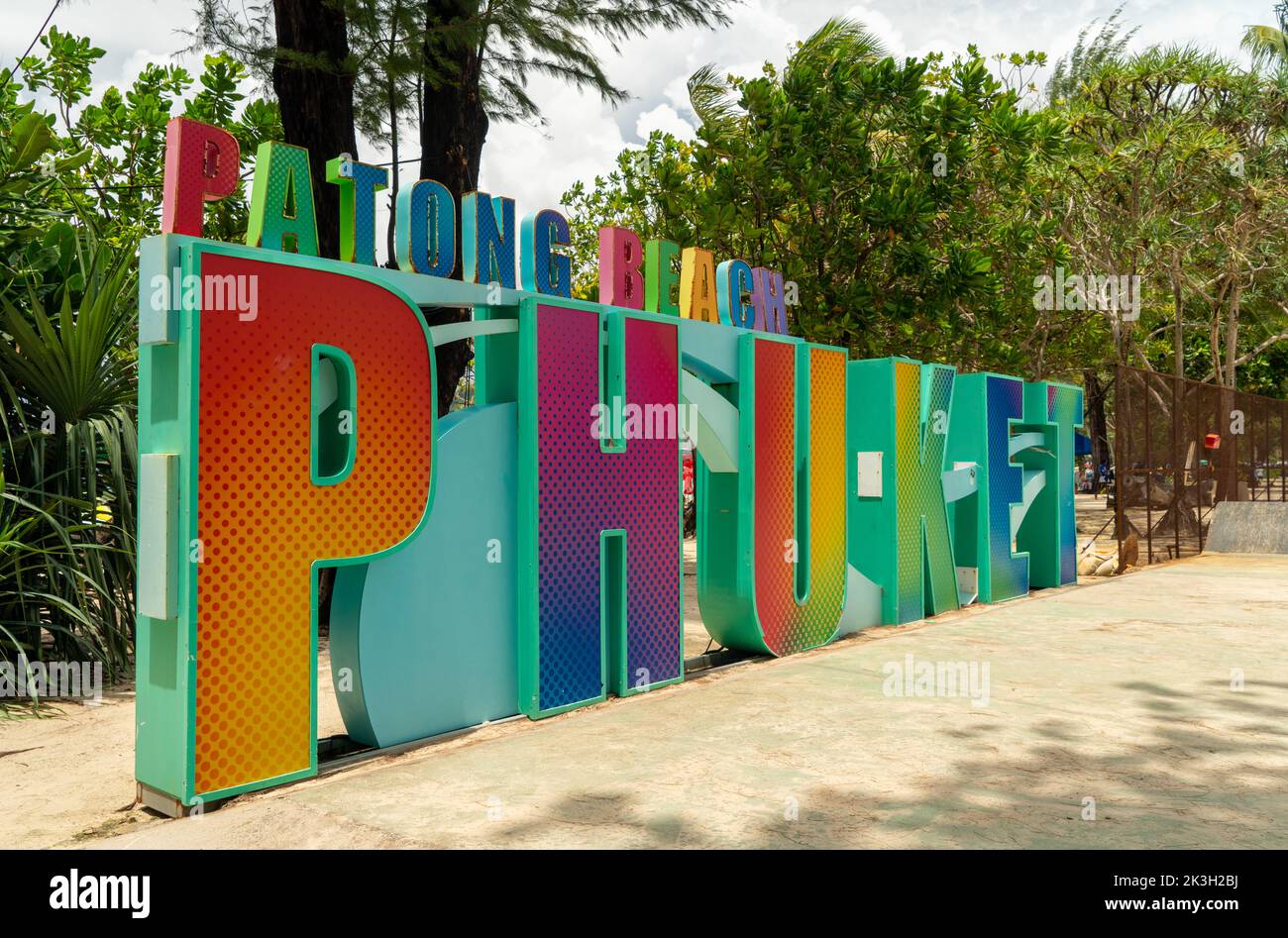 Phuket sign on Patong beach in Thailand. The big landmark sign of ...