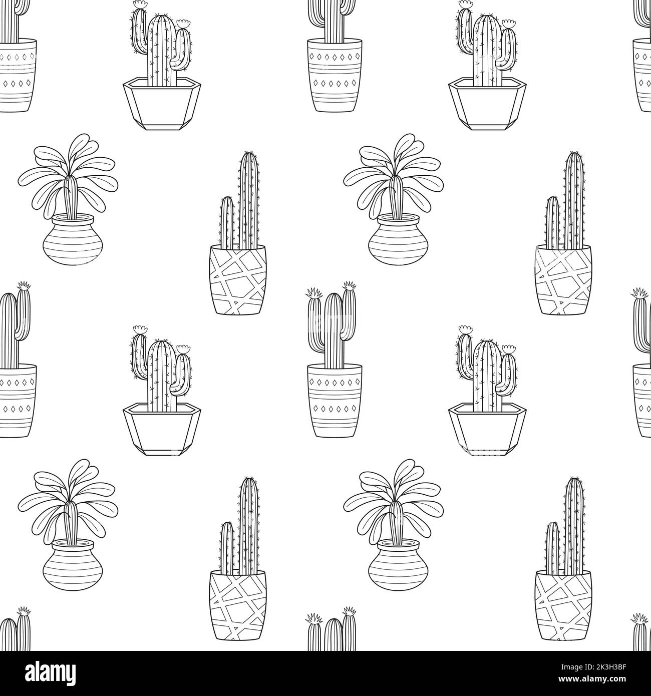 Seamless pattern with hand drawn doodle outline potted cactuses. Home plant, linear succulent ...