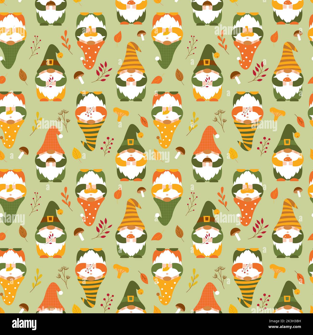 Seamless pattern with cute autumn gnomes holding mushroom, leaves ...
