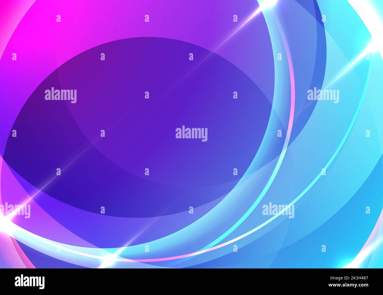Abstract neon color circles overlapping layered with lighting effect on blue background ...