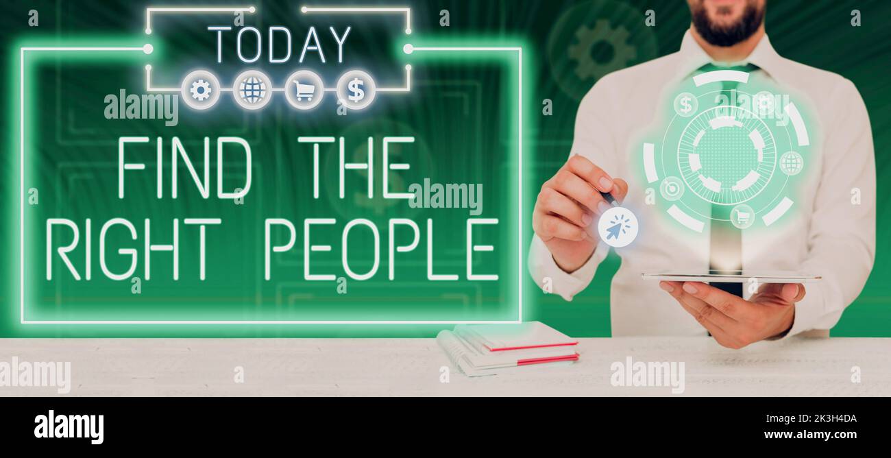 Text caption presenting Find The Right People. Business idea look for a ...