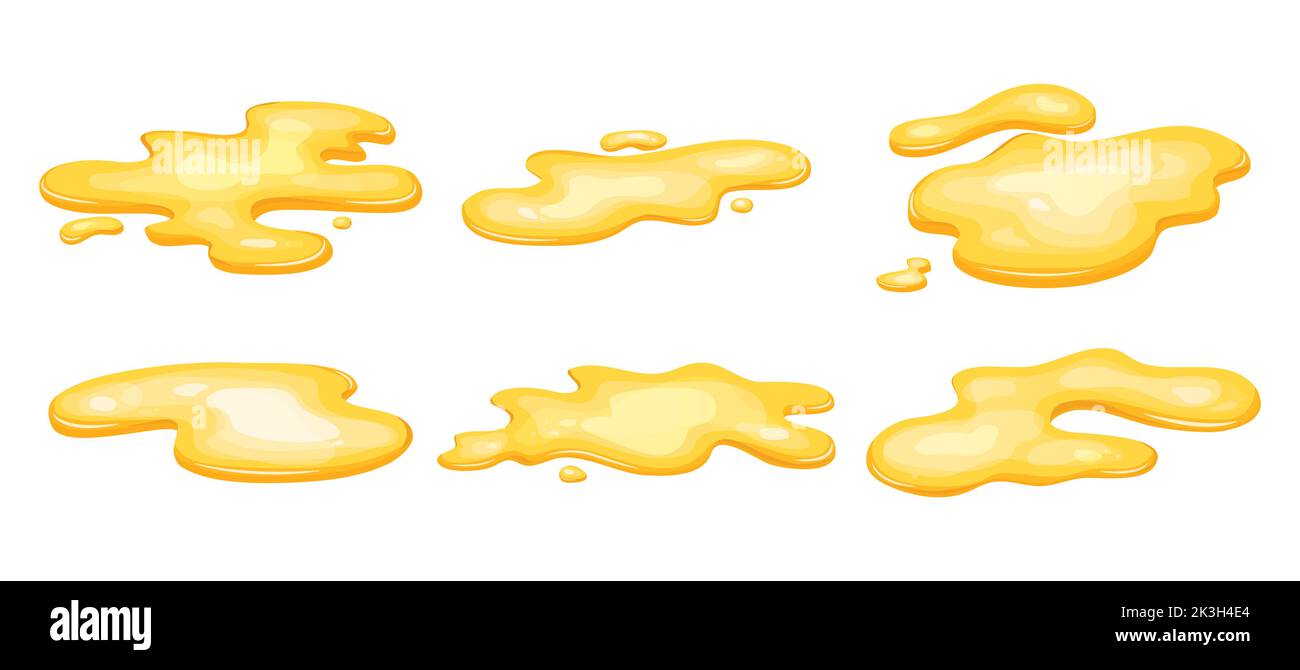 Set of puddle of yellow oil isolated. Honey, urine or gasoline gold ...