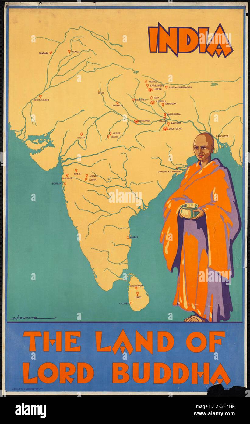 Colorful vintage travel poster with map of India and picture of a ...