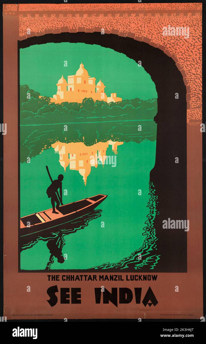Colorful See India vintage travel poster of the Chattar Manzil palace ...