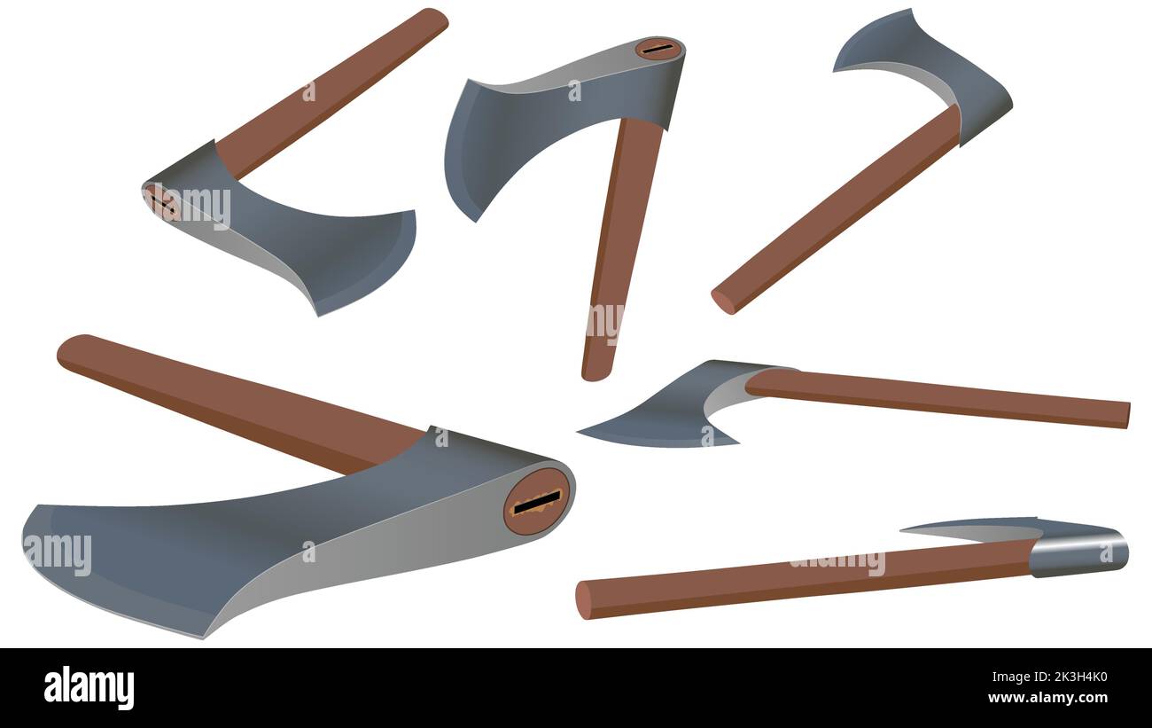 set of Wooden axes isolated on white background, metal axe with a ...