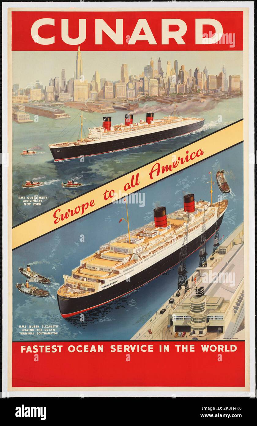 Colorful vintage travel poster of Cunard Europe to Americas oceanliners ...