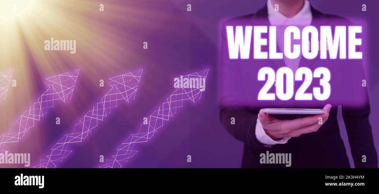 Hand writing sign Welcome 2023. Business concept New Year Celebration ...
