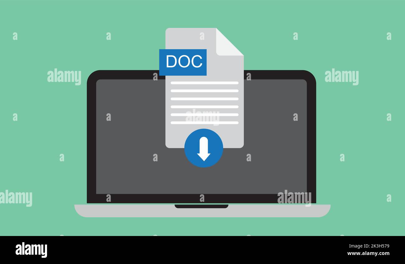 A vector design of an open laptop with a doc file icon on a pastel ...