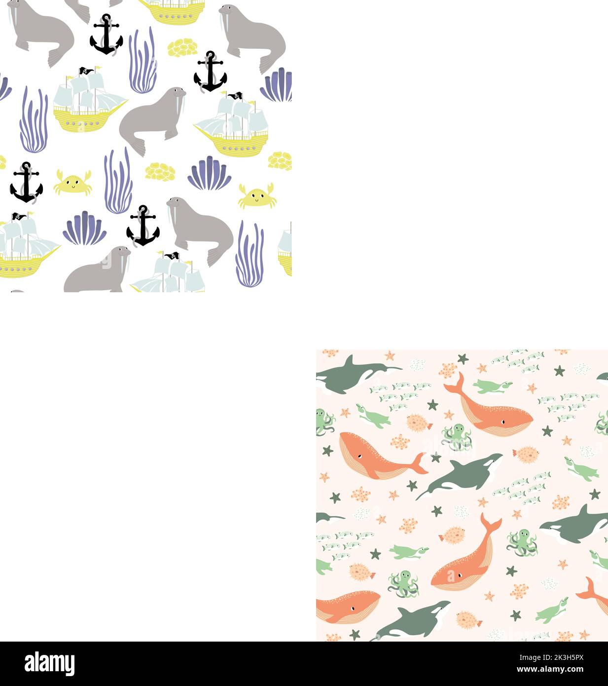 Vector seamless pattern with fish,penguin,whale,killer whale, octopus ...