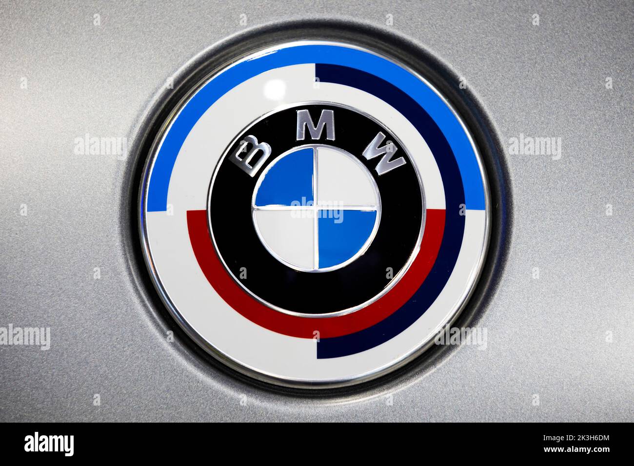 Sofia, Bulgaria - 3 June, 2022: Close-up of BMW logo is seen on a car ...
