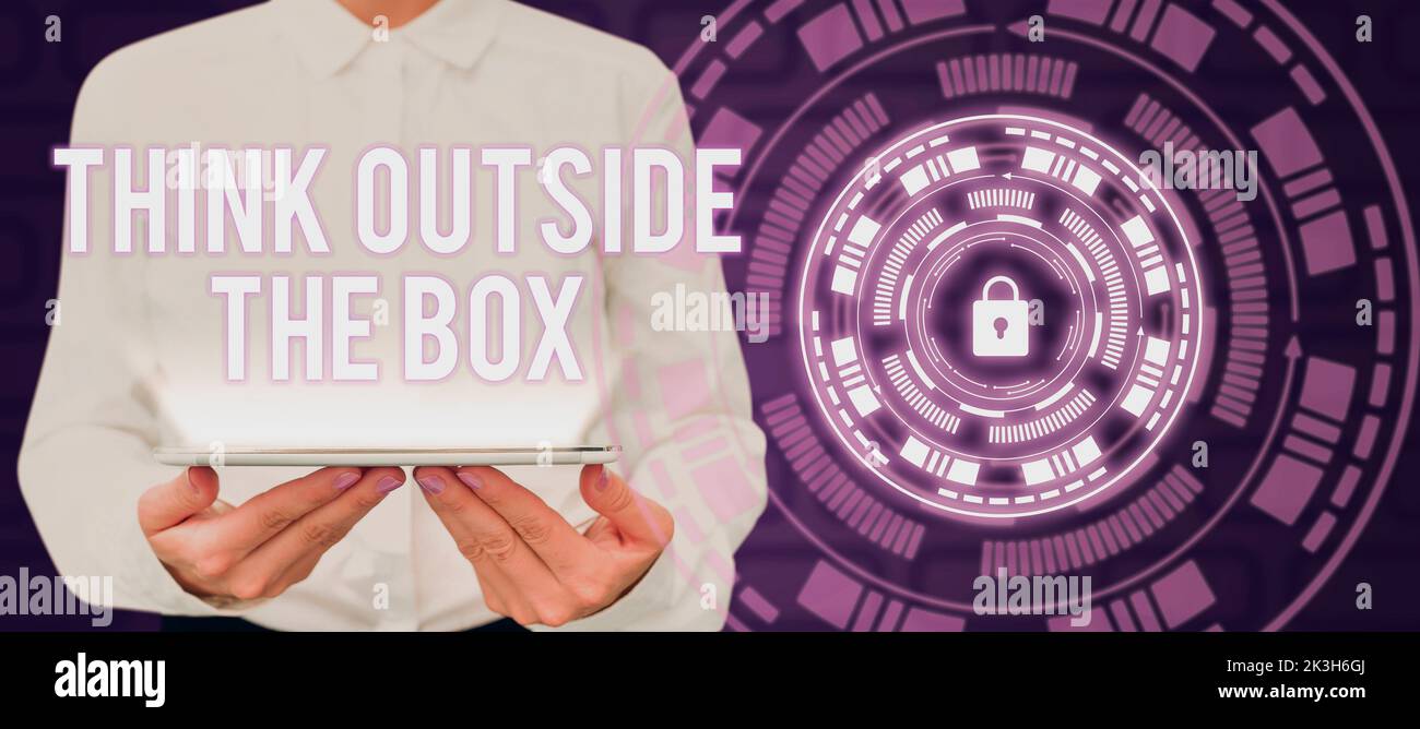 Hand writing sign Think Outside The BoxBe unique different ideas bring ...