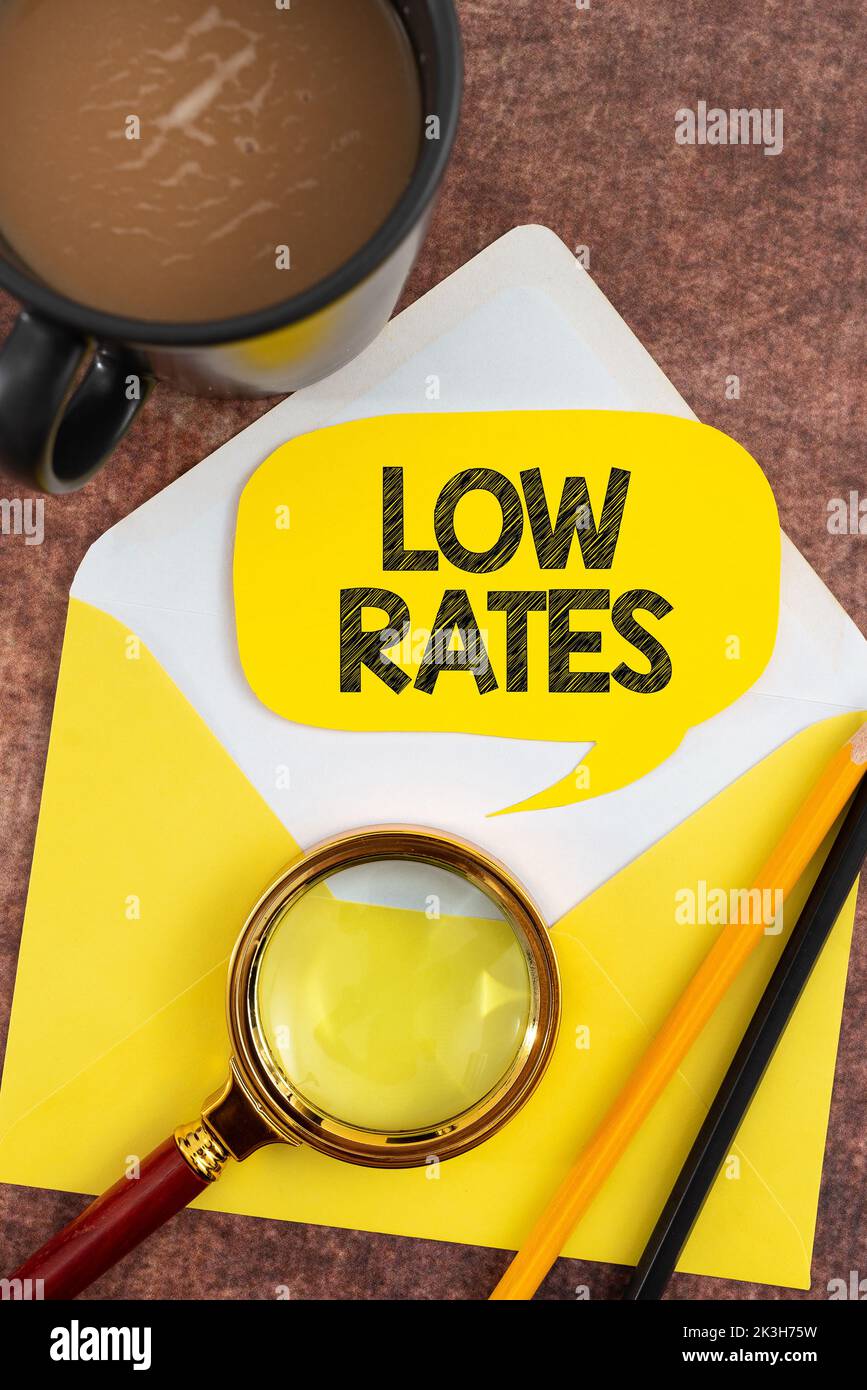 Text caption presenting Low Rates. Business showcase A cost of an item ...